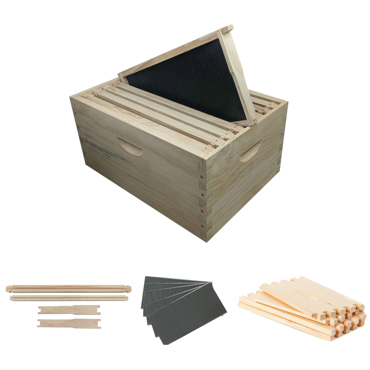 8 Frame Full Depth Beehive Super/Box Kit Including Frames and Foundati ...